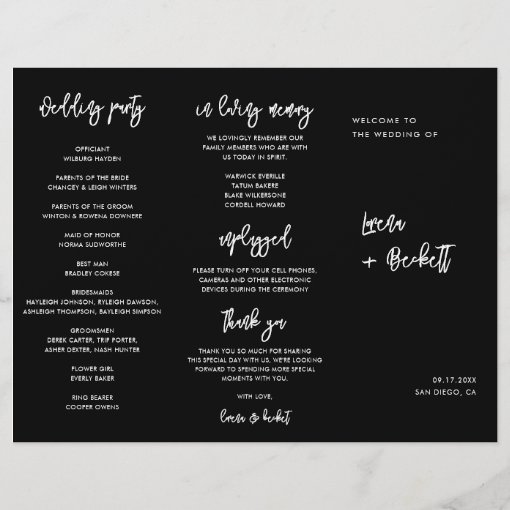 Contemporary Black Trifold Wedding program Flyer | Zazzle