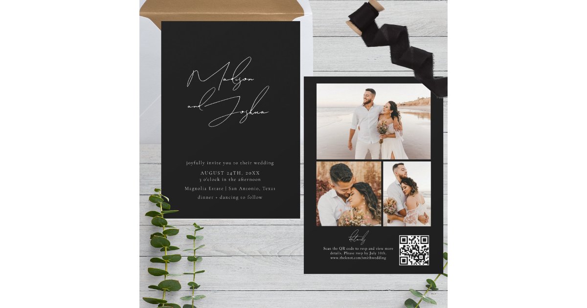 Contemporary Calligraphy Photo Collage QR Code In Invitation | Zazzle