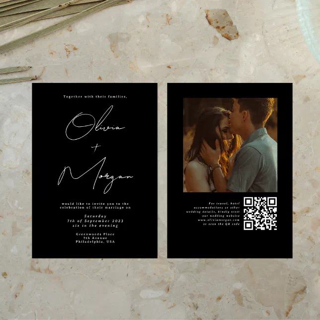 Contemporary Calligraphy Photo Wedding QR Code Invitation | Zazzle