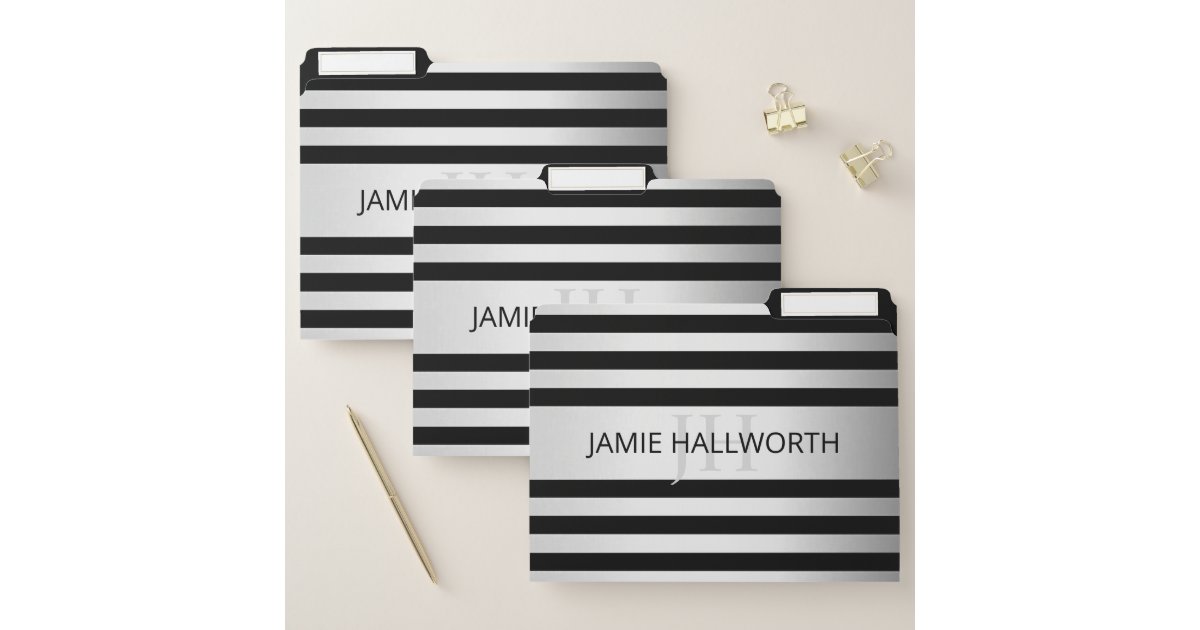 Contemporary Faux Silver Ombre Stripes & Black File Folder | Zazzle