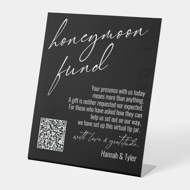 Contemporary Honeymoon Fund QR Code Black Pedestal Sign | Zazzle