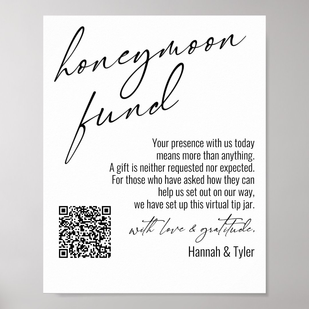 Contemporary Honeymoon Fund QR Code Simple Sign | Zazzle