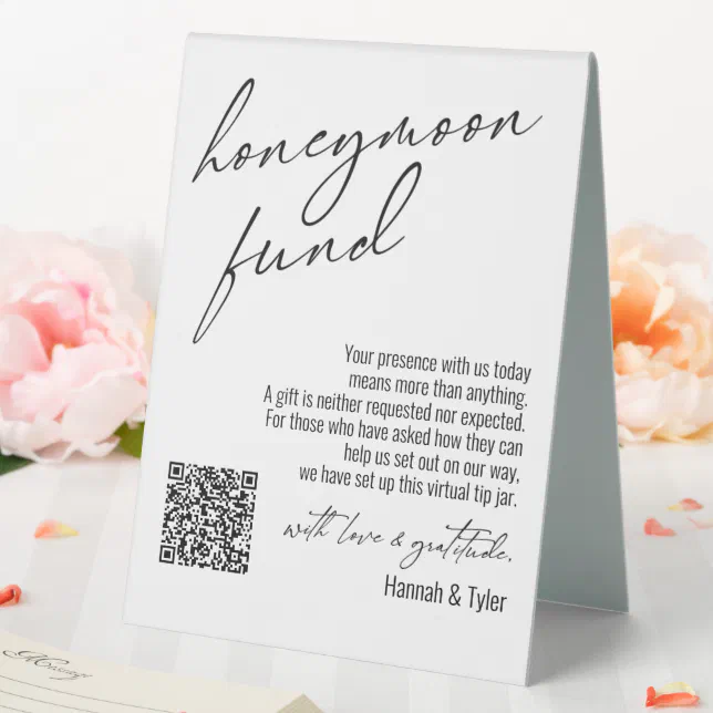 Contemporary Honeymoon Fund QR Code White Table Tent | Zazzle