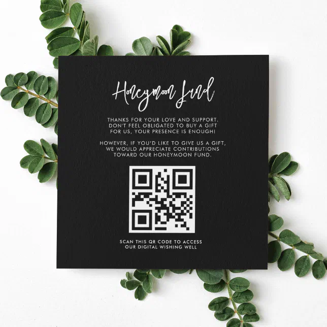 Contemporary modern black Honeymoon fund QR code Enclosure Card | Zazzle