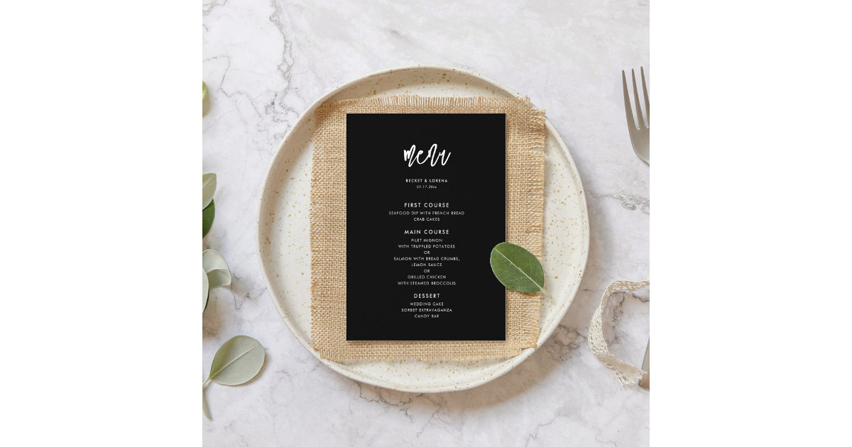 Contemporary modern black wedding menu | Zazzle