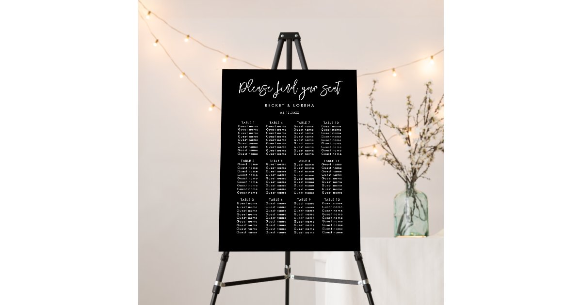 Contemporary modern black wedding seating chart foam board | Zazzle