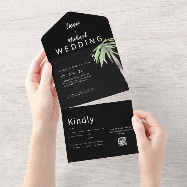 Contemporary Palm Tree Black QR Code Wedding All In One Invitation | Zazzle