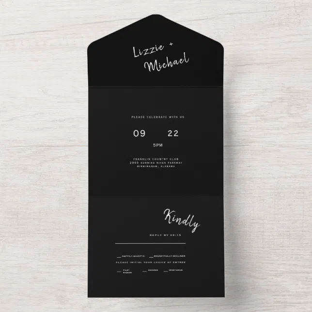 Contemporary Simple Black Monogram Wedding All In One Invitation | Zazzle