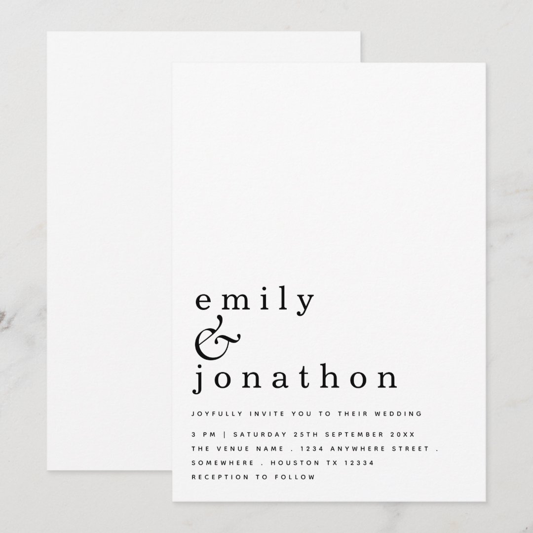 Contemporary Simple Text Black White Wedding Invitation | Zazzle