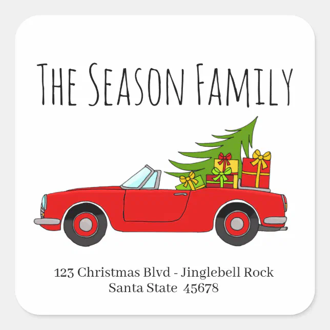 Convertible Red Car with Christmas Gifts Square Sticker | Zazzle