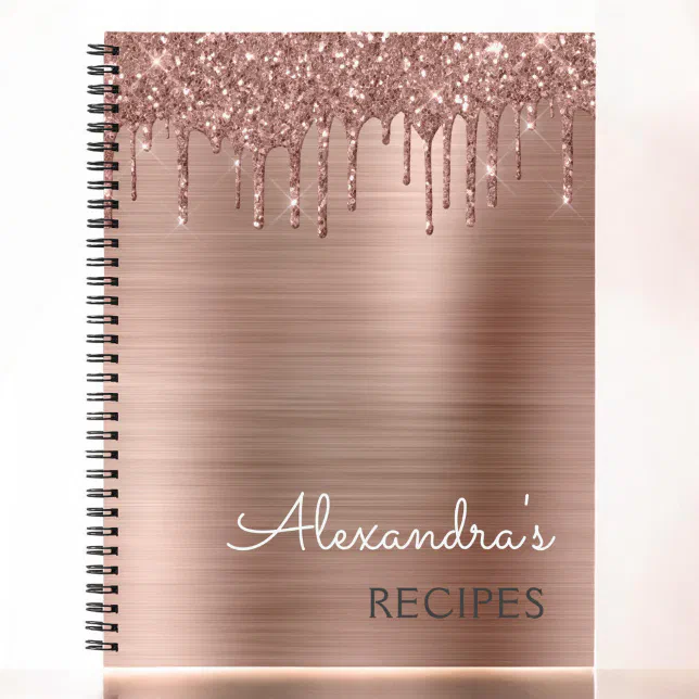 Cookbook Recipe Book Rose Gold Glitter Monogram | Zazzle