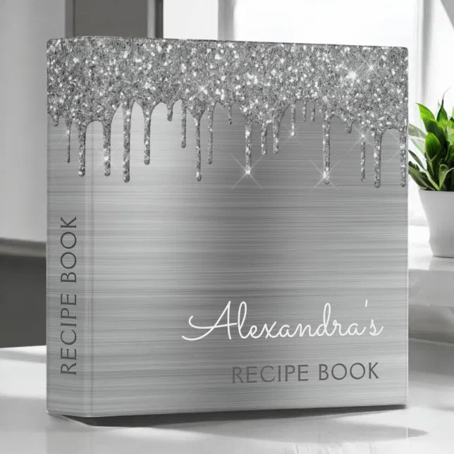 Cookbook Recipe Book Silver Glitter Monogram 3 Ring Binder | Zazzle