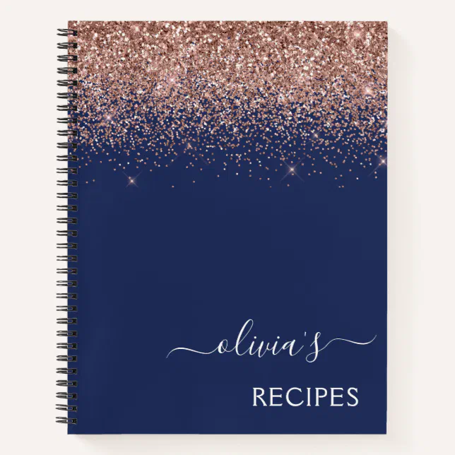 Cookbook Rose Gold Pink Navy Blue Glitter Monogram Notebook | Zazzle