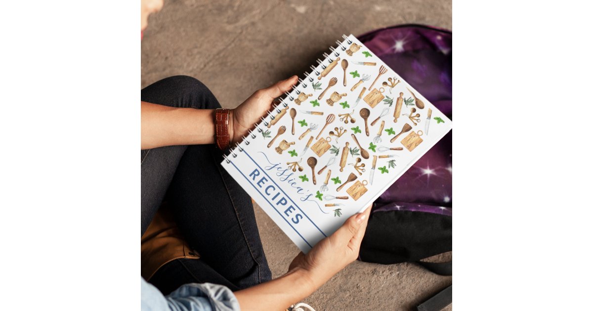 Cookbook Watercolor Recipes Utensils Baking Baker Notebook | Zazzle
