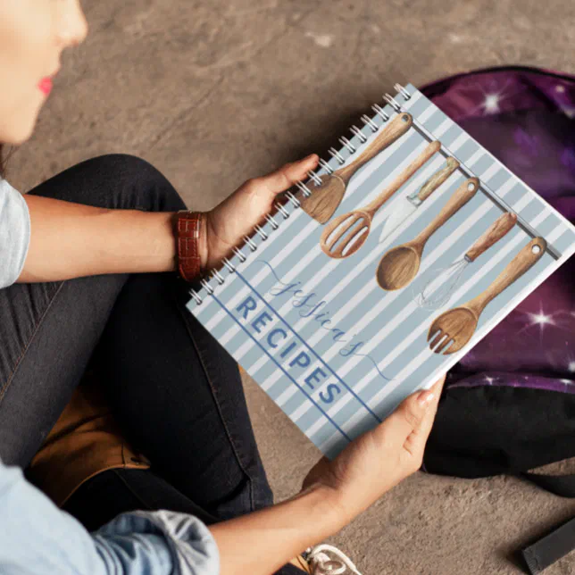 Cookbook Watercolor Recipes Utensils Modern Blue Notebook | Zazzle