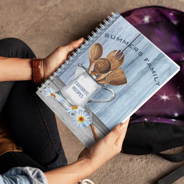 Cookbook Watercolor Recipes Utensils Wood Daisy Notebook | Zazzle