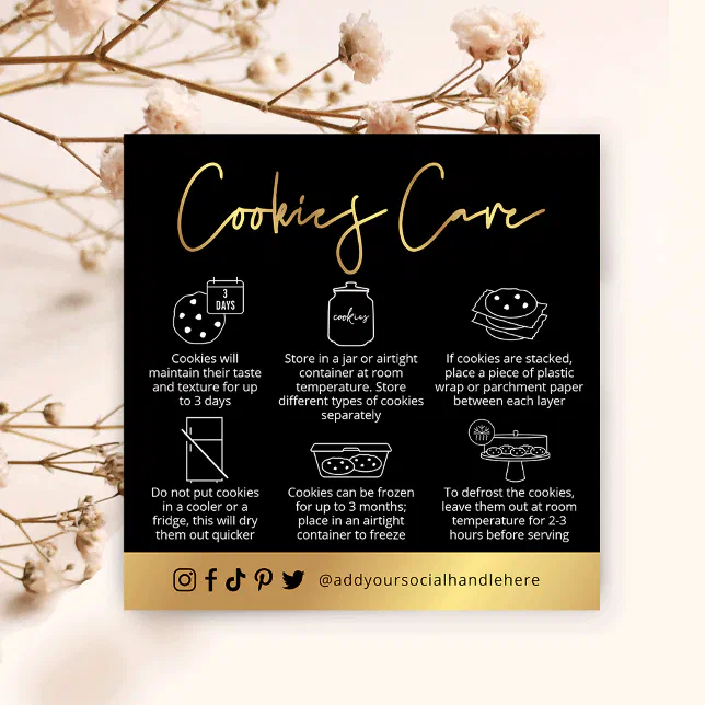 Cookies Care Instructions Black & Gold Script Logo Square Business Card ...