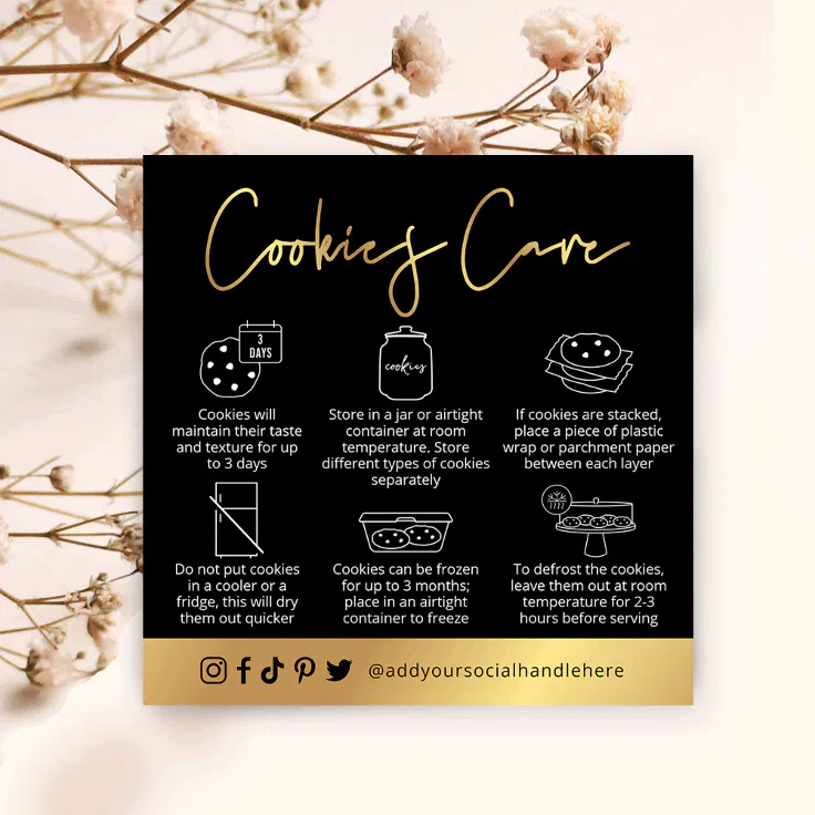 Cookies Care Instructions Black & Gold Script Logo Square Business Card | Zazzle