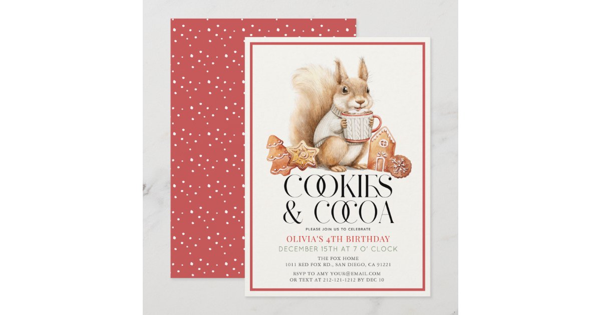 Cookies & Cocoa Hot Chocolate Squirrel Birthday Invitation | Zazzle