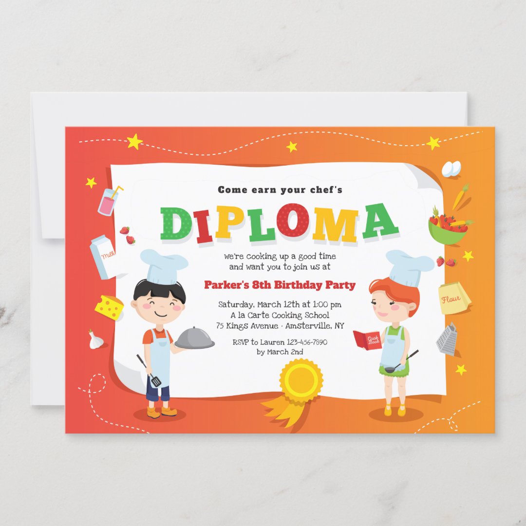 Cooking-Baking Diploma Kids Birthday Invitation | Zazzle