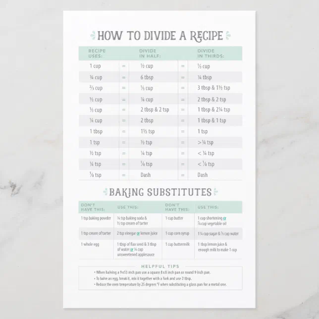 Cooking Conversion & Recipe Divider Sheet | Zazzle