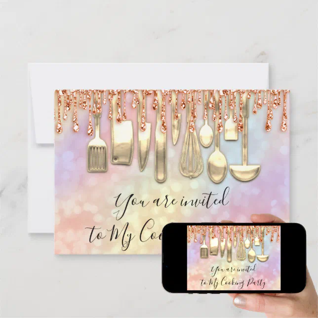 Cooking Party Chef Golden Kitchen Holograph Rose Invitation | Zazzle