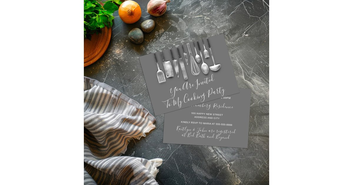 Cooking Party Chef Kitchen White Gray Silver Invitation | Zazzle
