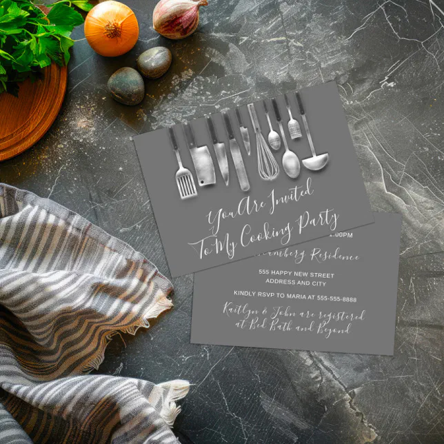 Cooking Party Chef Kitchen White Gray Silver Invitation | Zazzle