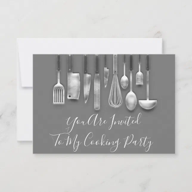 Cooking Party Chef Kitchen White Gray Silver Invitation | Zazzle
