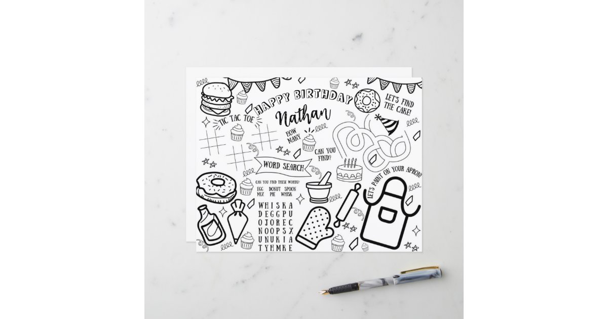 Cooking Party Coloring Placemat Baking Little Chef | Zazzle