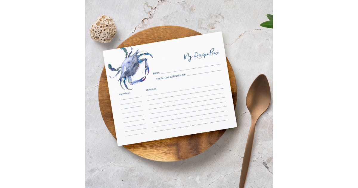Cooking Recipe Cards Blue Watercolor Crab | Zazzle