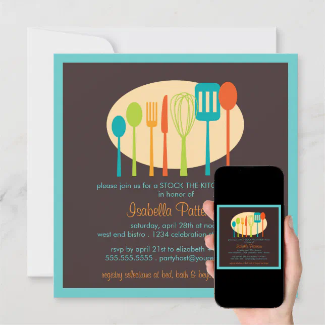 Cooking Utensils Stock the Kitchen Bridal Shower Invitation | Zazzle