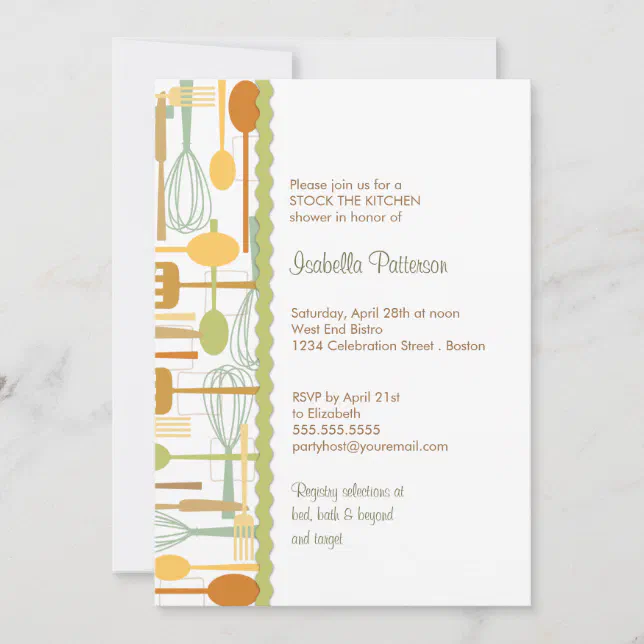 Cooking Utensils Stock the Kitchen Retro Shower Invitation | Zazzle