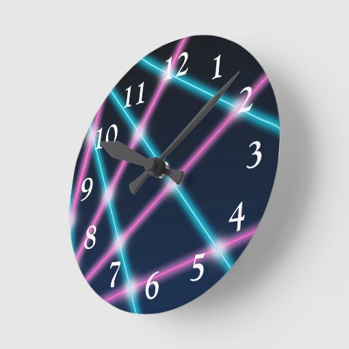 Cool 80s Laser Light Show Background Retro Neon Round Clock | Zazzle