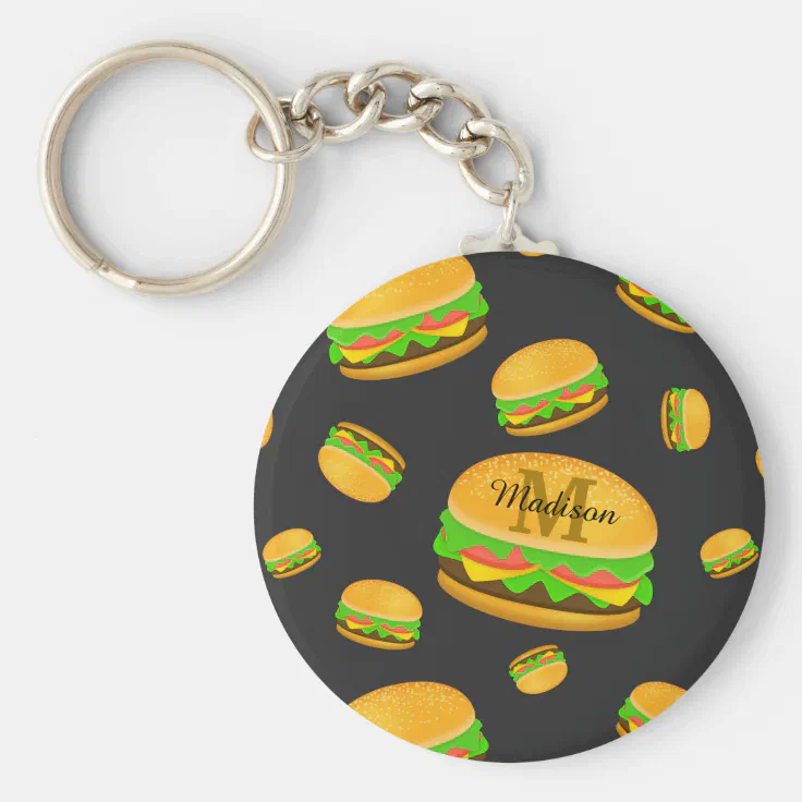 Cool and fun yummy burger pattern Monogram Keychain | Zazzle