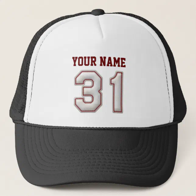 Cool Baseball Stitches - Custom Name and Number 31 Trucker Hat | Zazzle
