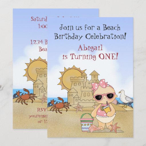 Cool Beach Baby 1st Birthday Invitation for Girls | Zazzle