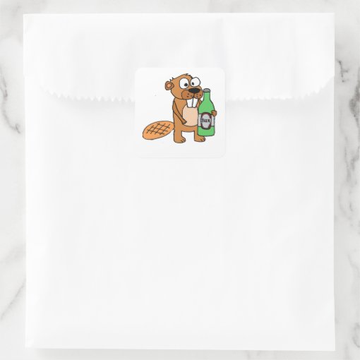 Cool Beaver Drinking Beer Cartoon Square Sticker | Zazzle