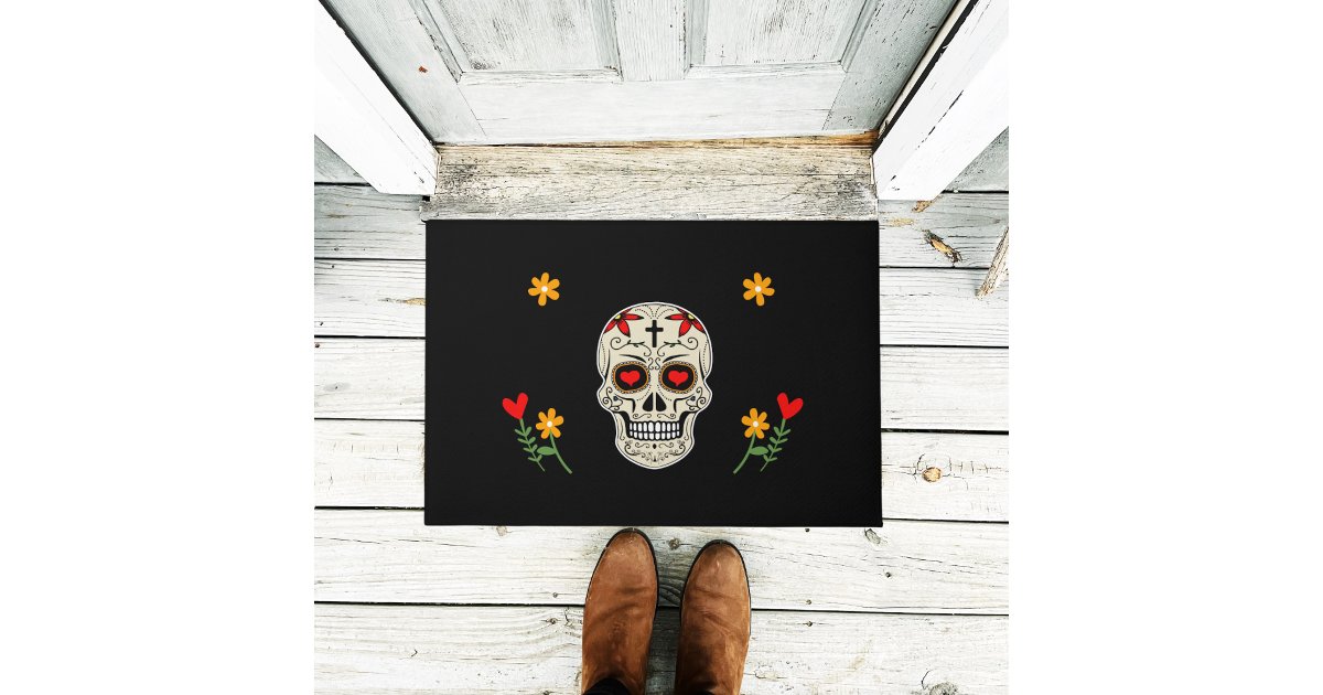 Cool Black Muertos Sugar Skull with Flowers Doormat | Zazzle