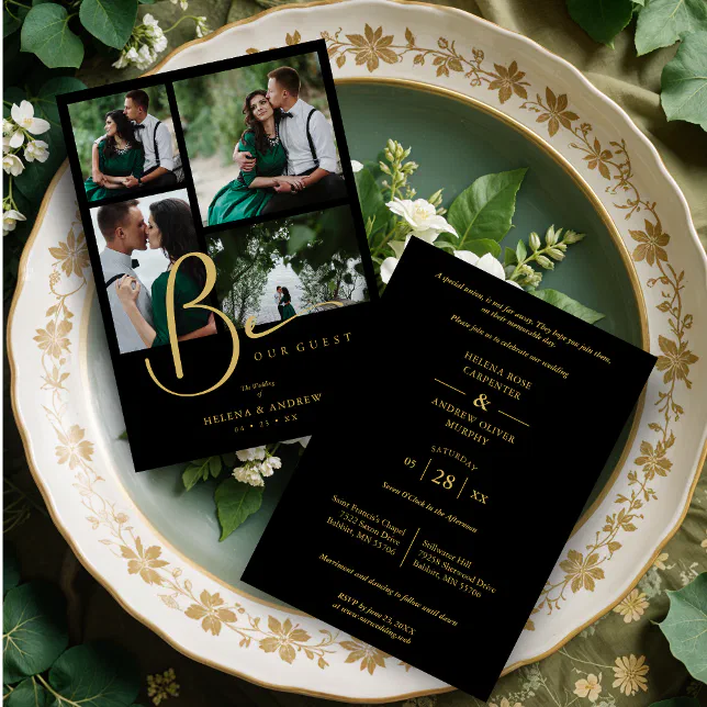 Cool Black Trendy 4 Multi Photos Collage Wedding Invitation | Zazzle