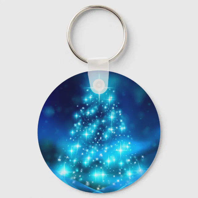 Cool Blue Christmas Tree with Sparkling Lights Keychain | Zazzle