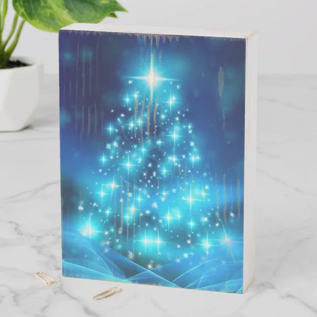 Cool Blue Christmas Tree with Sparkling Lights Wooden Box Sign | Zazzle