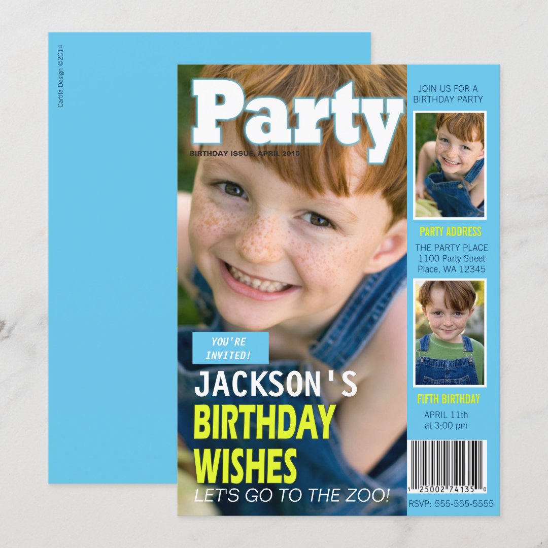 Cool Blue Magazine Cover 3 Photos Birthday Party Invitation | Zazzle
