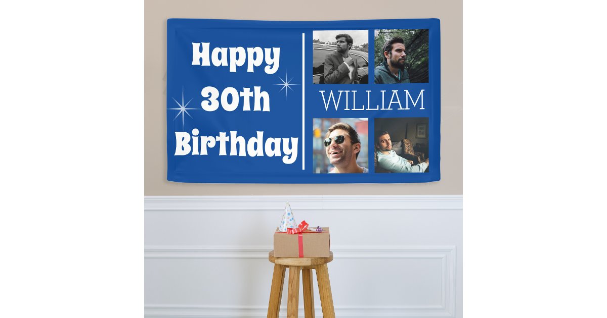 Cool Blue Photo Collage Age Birthday Banner | Zazzle