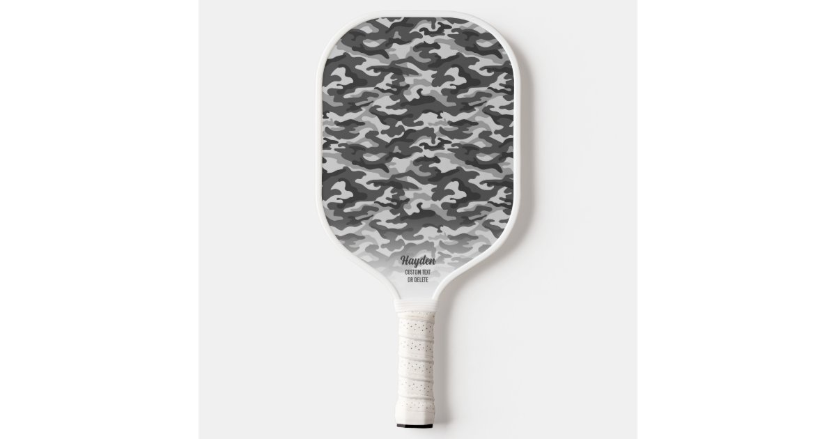 Cool Camouflage Gray Black Camo Print Custom Text Pickleball Paddle ...