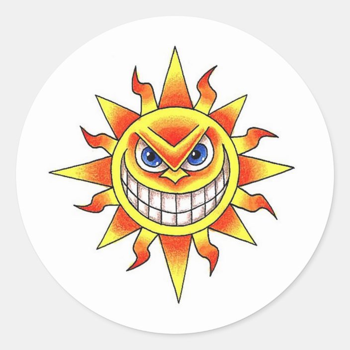 Cool cartoon tattoo symbol evil smiling SUN face Classic Round Sticker ...