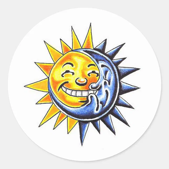 Cool cartoon tattoo symbol happy sun moon face classic round sticker | Zazzle