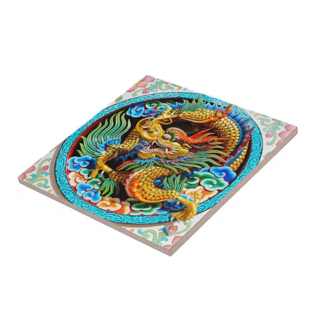 Cool chinese colourful dragon lotus flower art ceramic tile | Zazzle