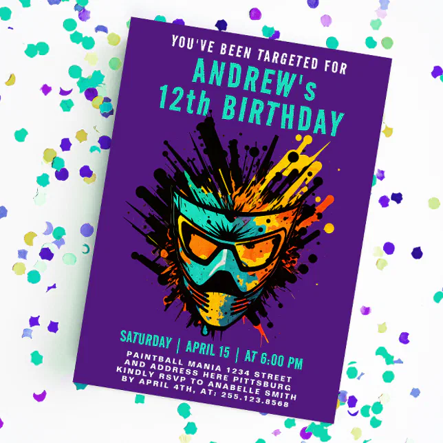 Cool Colorful Paintball Splatter Purple Party Invitation | Zazzle
