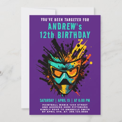 Cool Colorful Paintball Splatter Purple Party Invitation | Zazzle